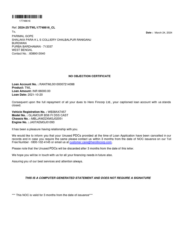 No Objection Certificate for Loan Closure | PDF | Finance & Money Management