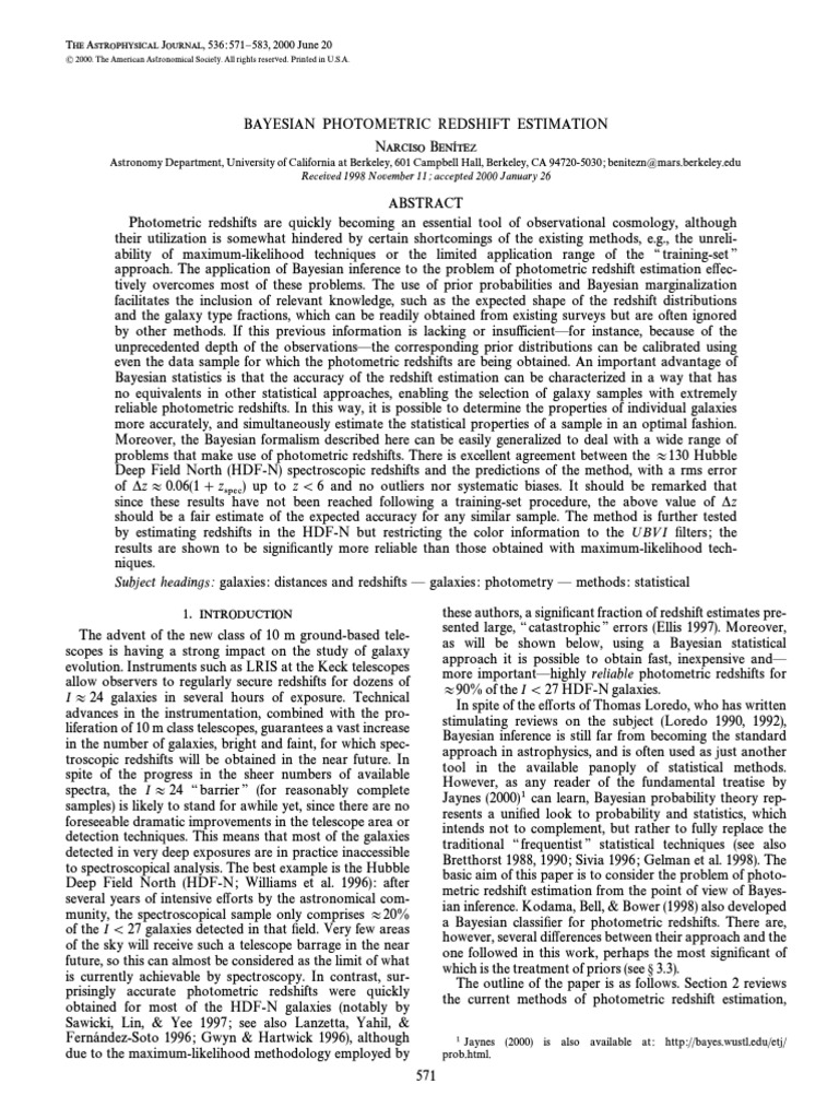 Benítez 2000 ApJ 536 571 | PDF | Redshift | Bayesian Inference