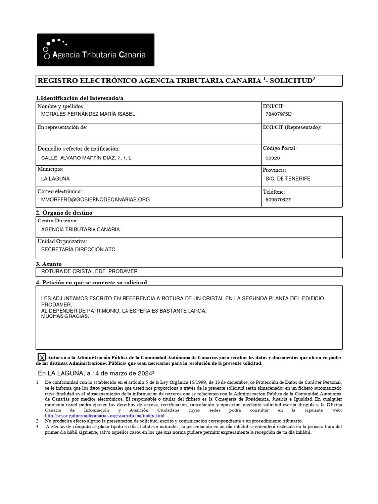 Registro Electrónico Agencia Tributaria Canaria - Solicitud: 1.identificación Del Interesado/a ...