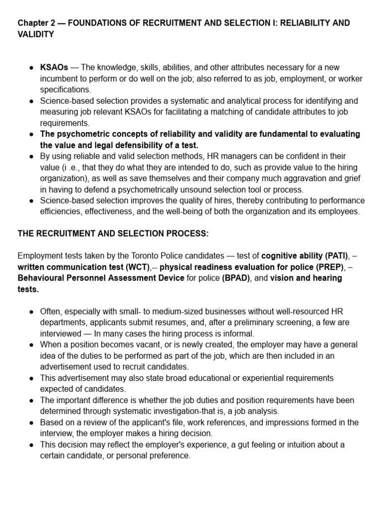Chapter 2 - FOUNDATIONS OF RECRUITMENT AND SELECTION | Download Free PDF | Validity (Statistics ...