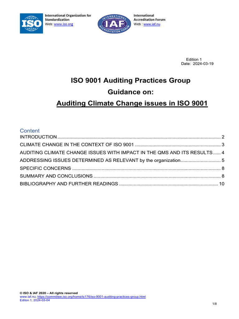 ISO 9001 Auditing Prectices Group. Guidance On, Auditing Climate Change ...