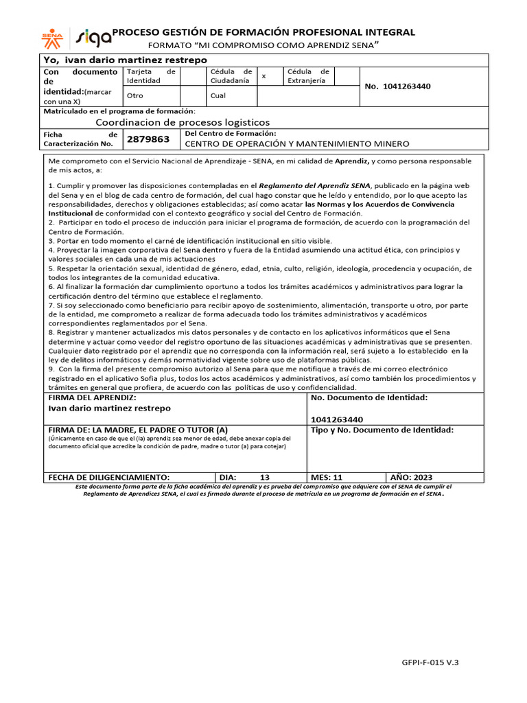 Formato Compromiso Del Aprendiz - V2 Gfpi-F-015 | PDF | Documento de identidad