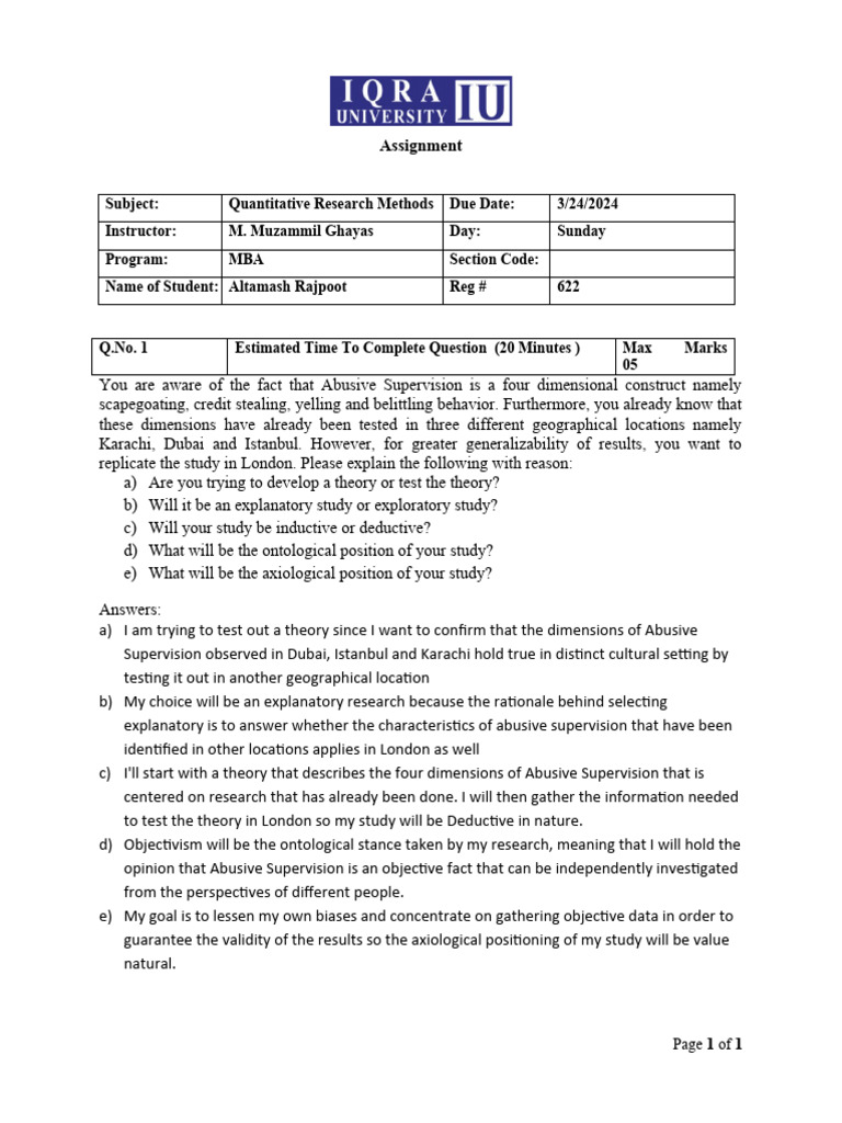 Quantitative Reasearch Methods - Assignment1 | PDF | Theory | Deductive Reasoning