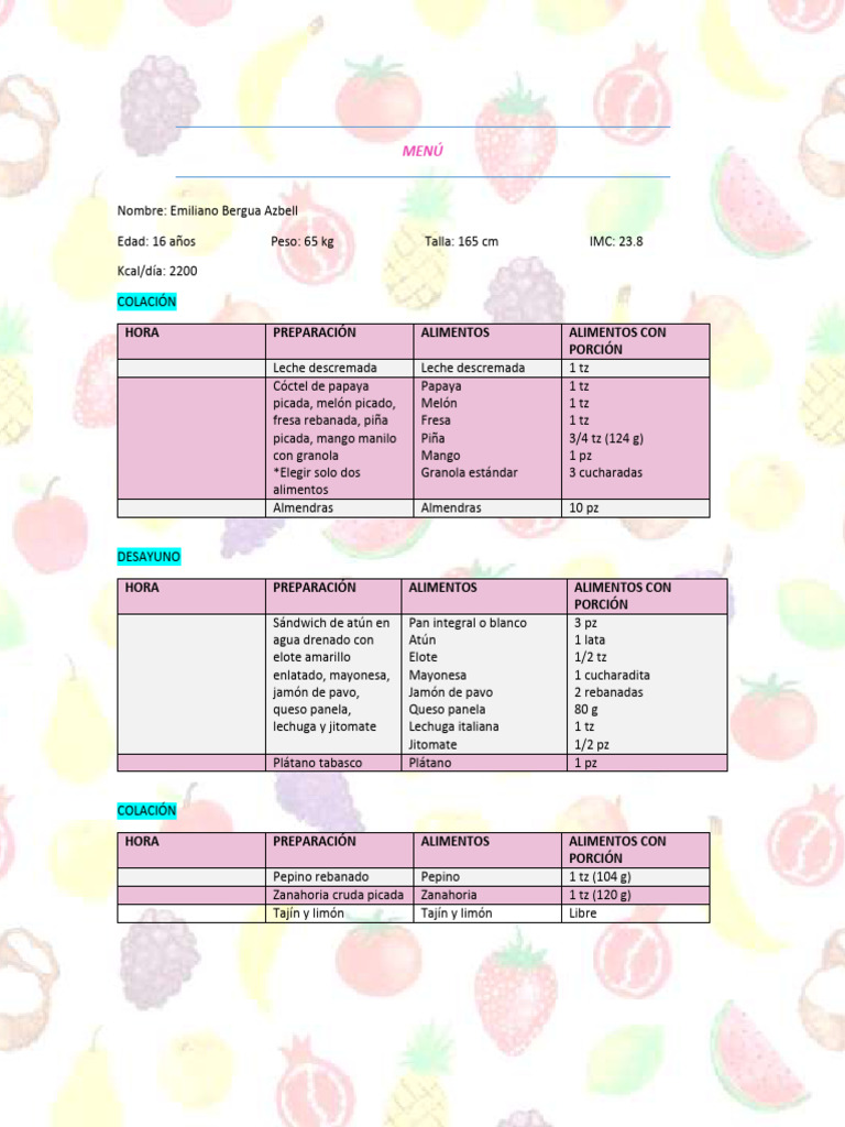 Emiliano Bergua Azbell MENÚ 2200 Kcal | PDF