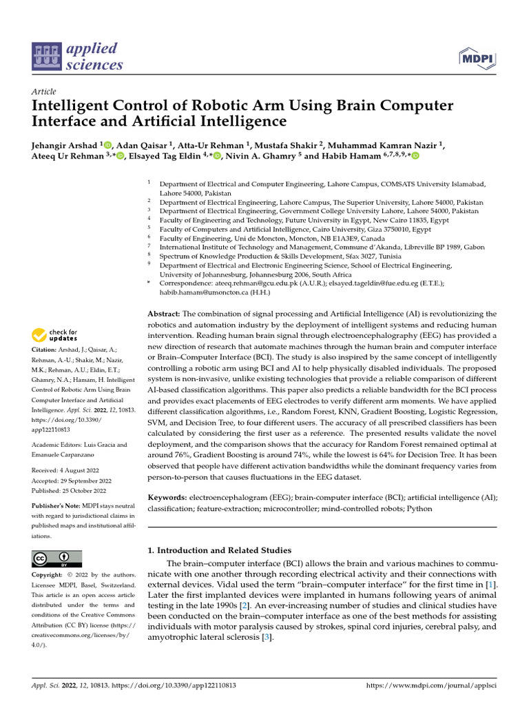 Intelligent Control Of Robotic Arm Using Brain Computer Interface And Artificial Intelligence