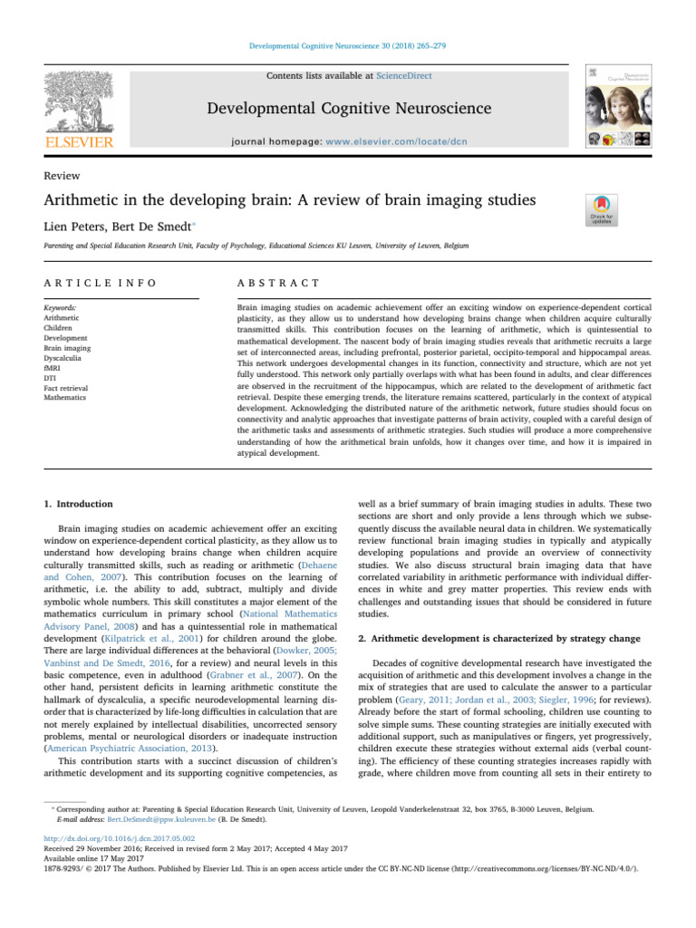 Ddarithmetic in The Developing Brain - A Review of Brain Imaging Studies. | PDF | Working Memory ...