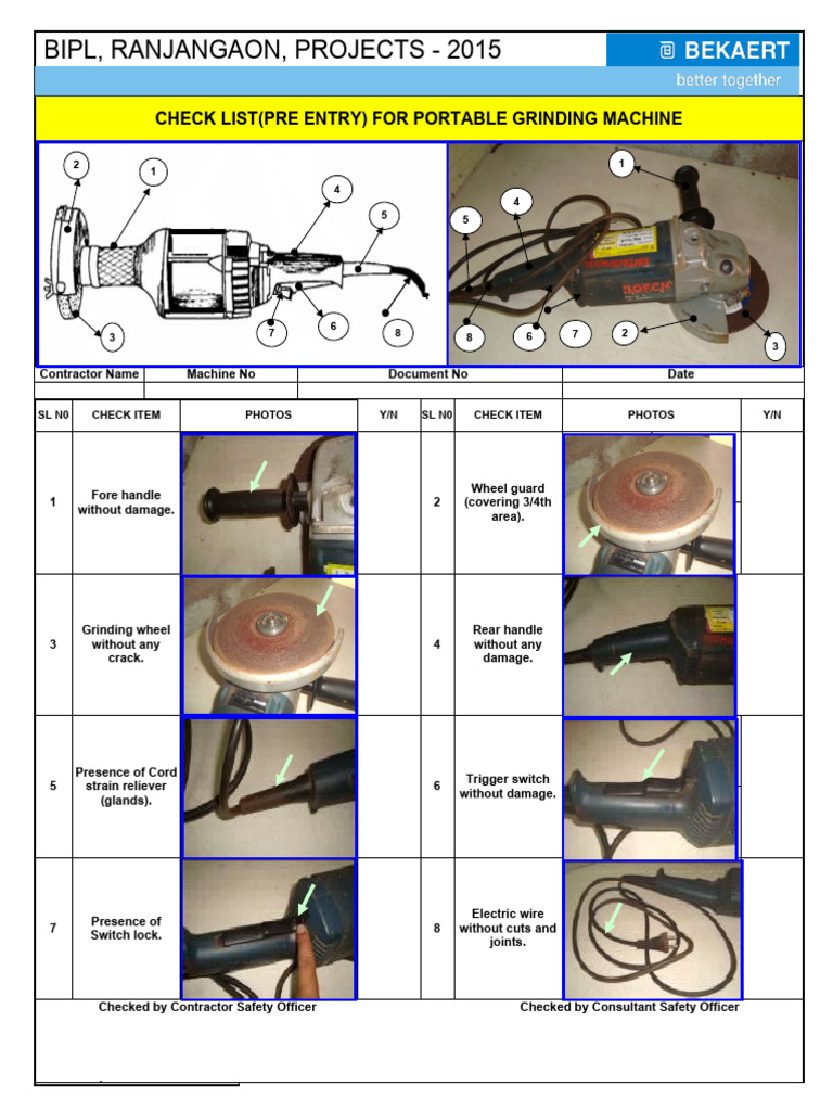 Check List (Pre Entry) For Portable Grinding Machine | PDF