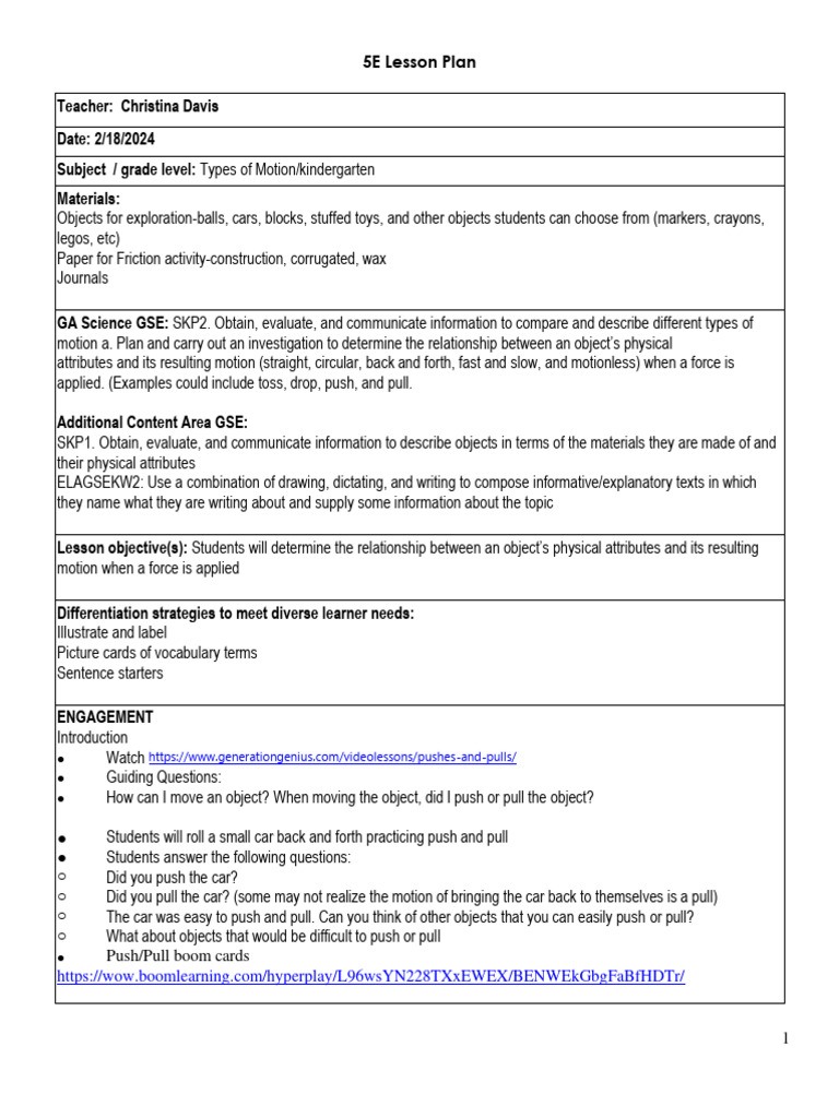 Lesson Plan 5e Christina Davis 2 | Download Free PDF | Lesson Plan | Force