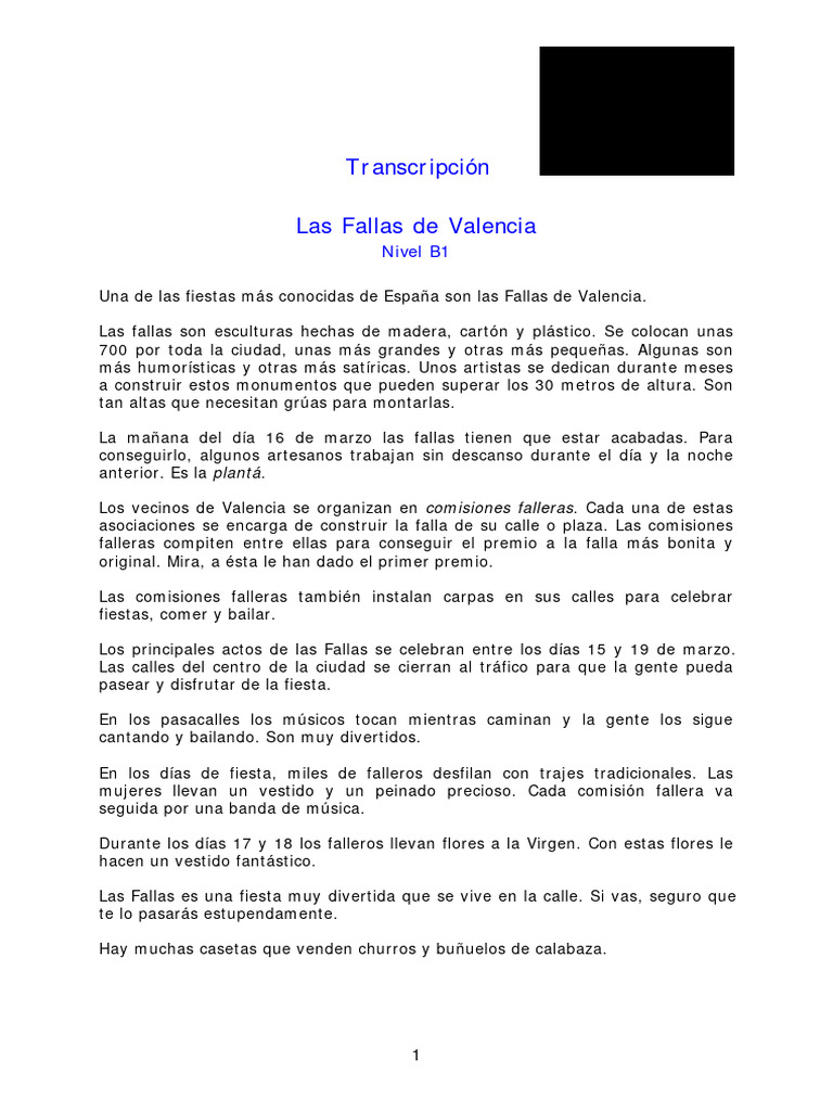 B1 - Las Fallas de Valencia Transcripción | PDF