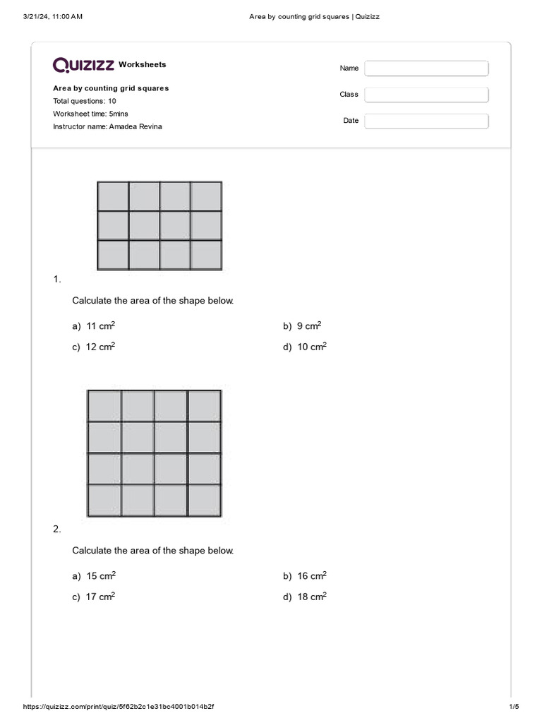 Area by Counting Grid Squares - Quizizz | PDF