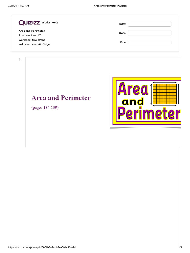 Area and Perimeter Quiz for Grade 3 | PDF | Area | Elementary Mathematics
