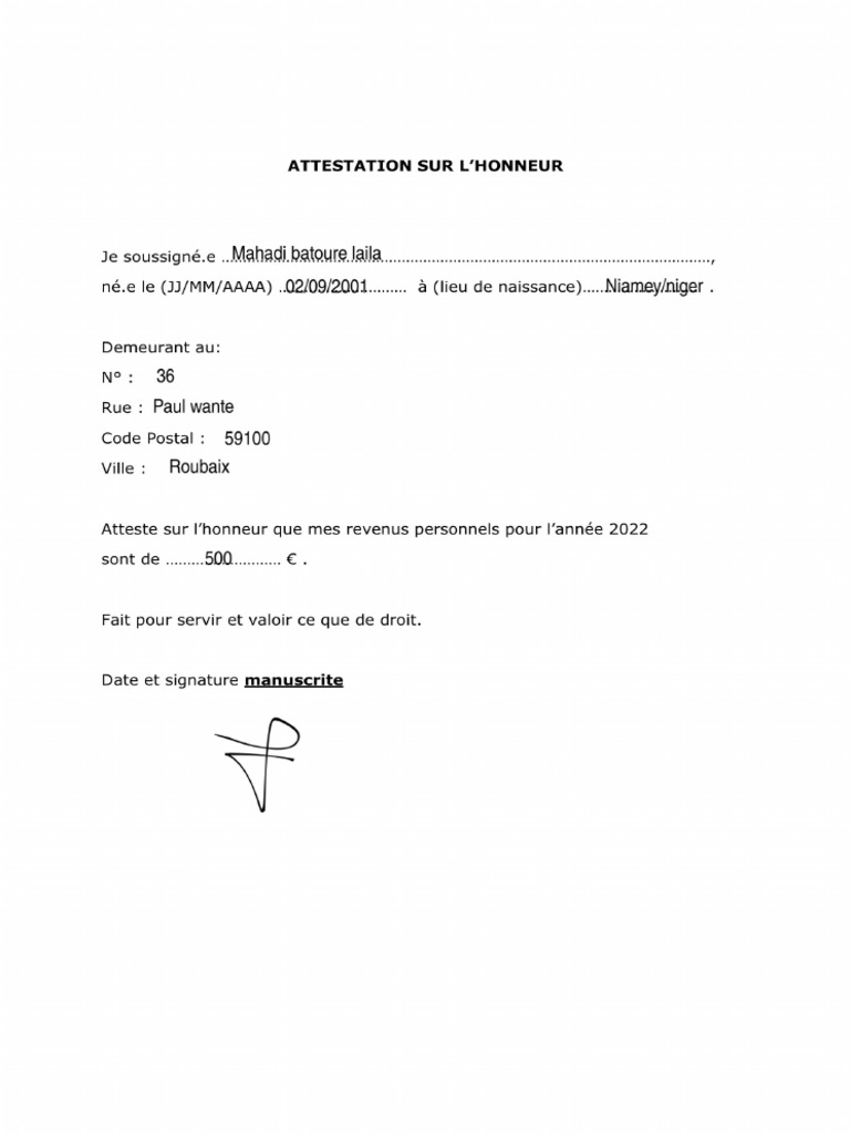 Modele Attestation Sur L Honneur Revenus | PDF