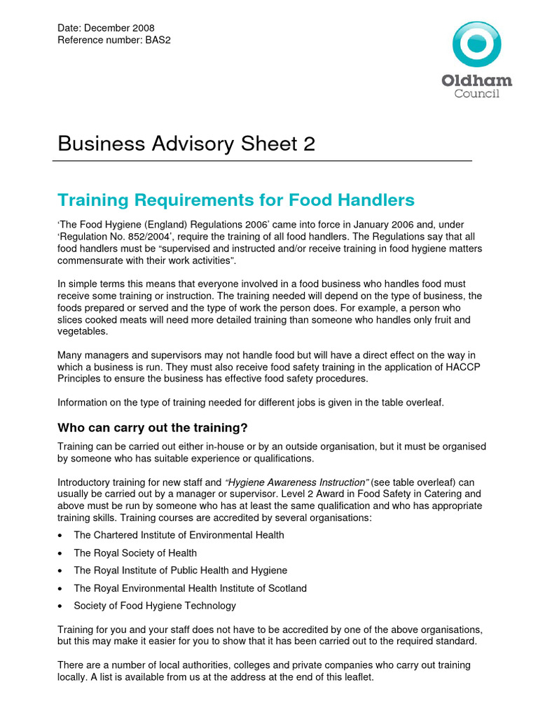 Bas2 Training Requirements For Food Handlers | PDF | Food Safety | Hygiene