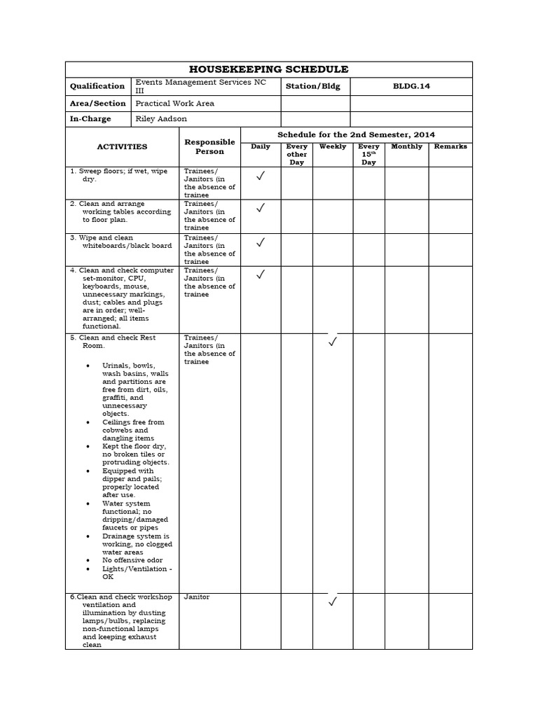 Housekeeping Schedule | Download Free PDF | Housekeeping