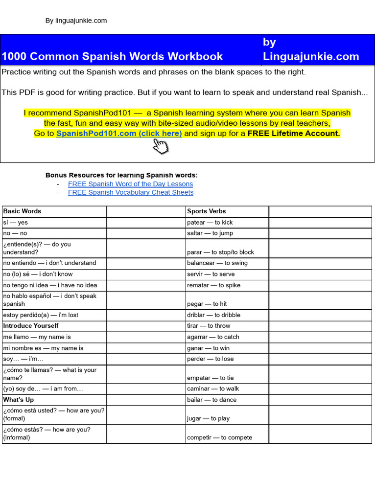 1000 Spanish Words Phrases Workbook | PDF