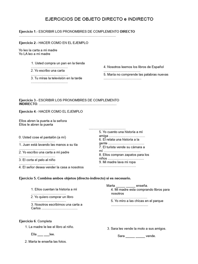 Ejercicios de Objeto Directo e Indirecto | PDF