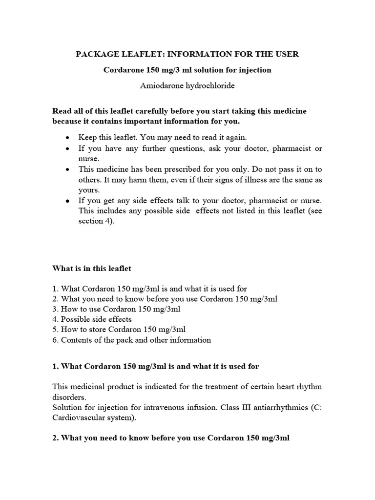 PACKAGE LEAFLET - CORDARONE Eng | PDF | Intravenous Therapy | Heart