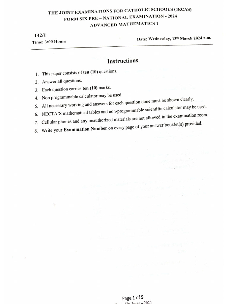 Jecas Advance Mathematics Paper 1 | PDF