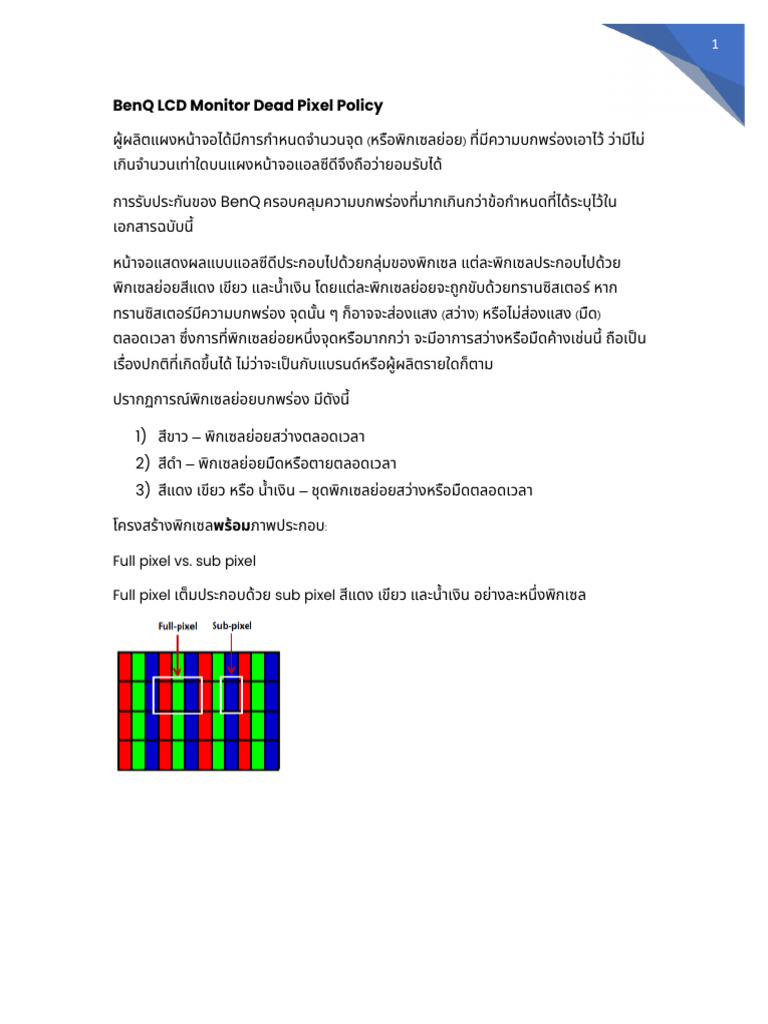 BenQ LCD Monitor Dead Pixel Policy | PDF