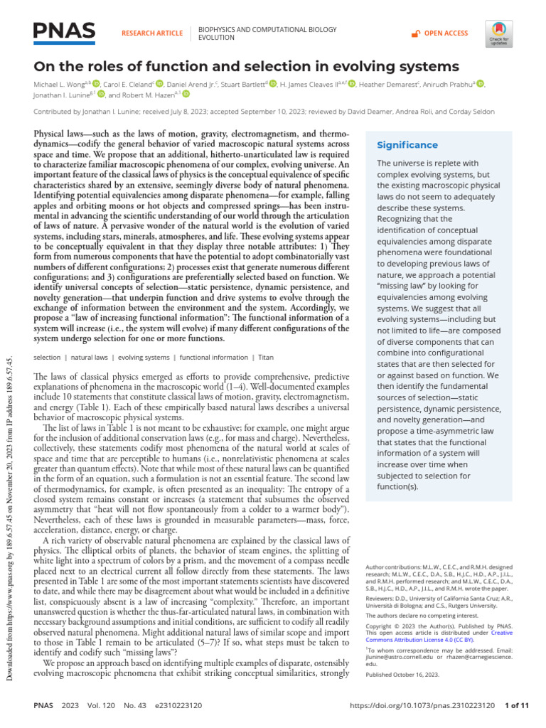 Wong Et Al 2023 On The Roles of Function and Selection in Evolving Systems | PDF
