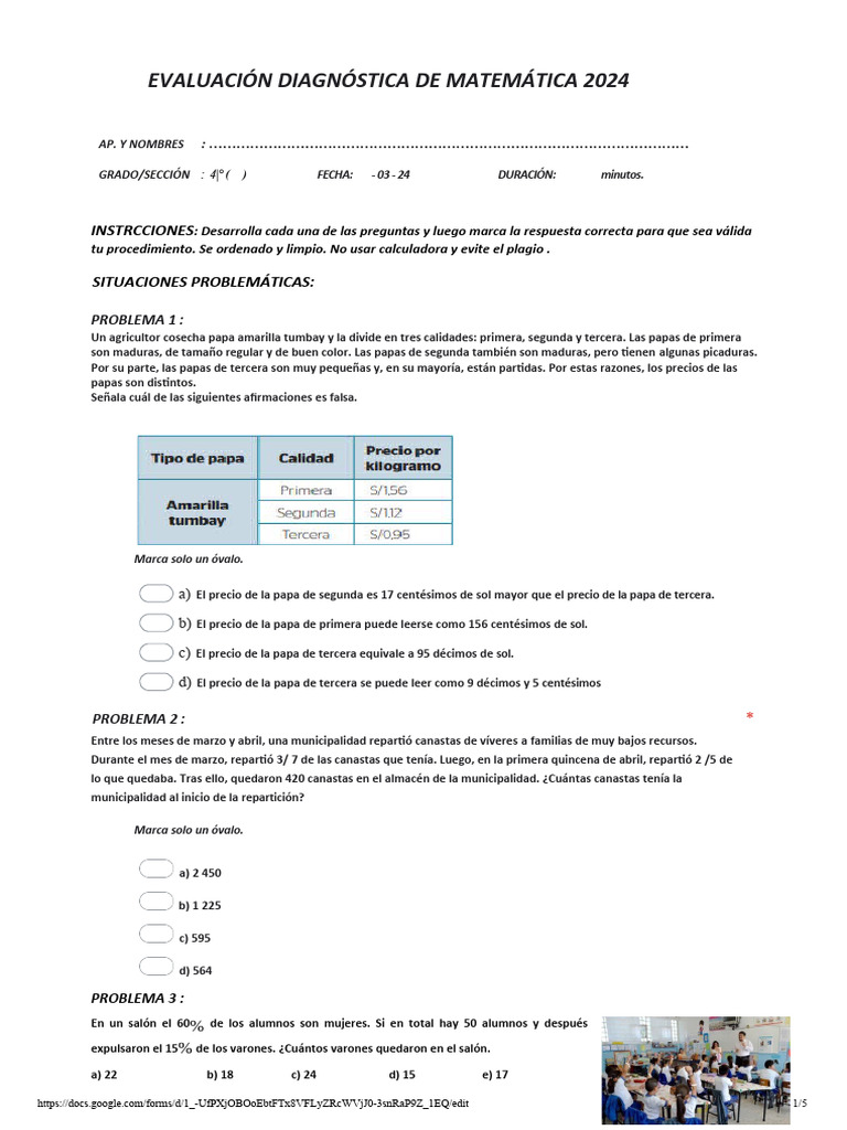 Eval. Diag. 4° CD | PDF | Métodos y materiales de enseñanza