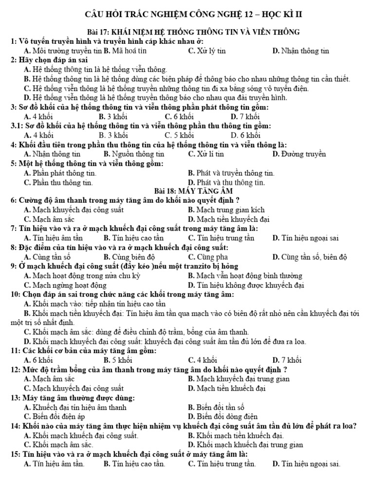 CÂU HỎI TRẮC NGHIỆM CÔNG NGHỆ 12 (HKII) | PDF