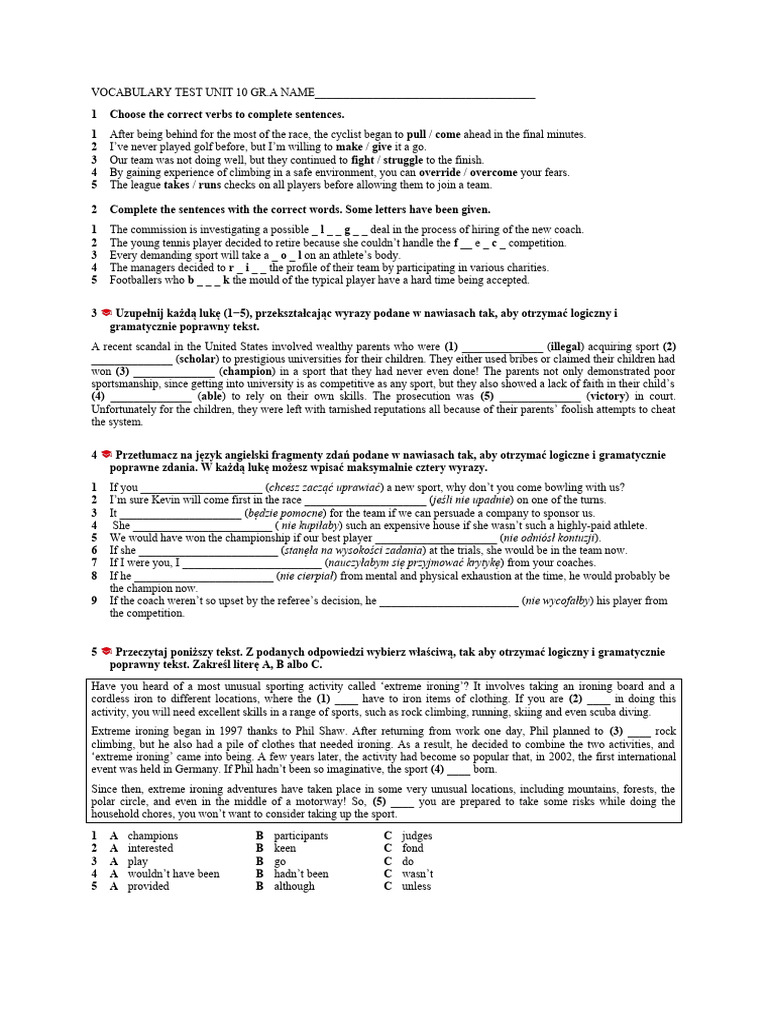 VOCABULARY TEST UNIT 10 GR A I B | PDF