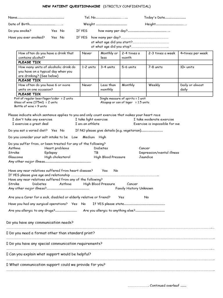 New Patient Questionnaire | PDF | Clinical Medicine | Medical Specialties