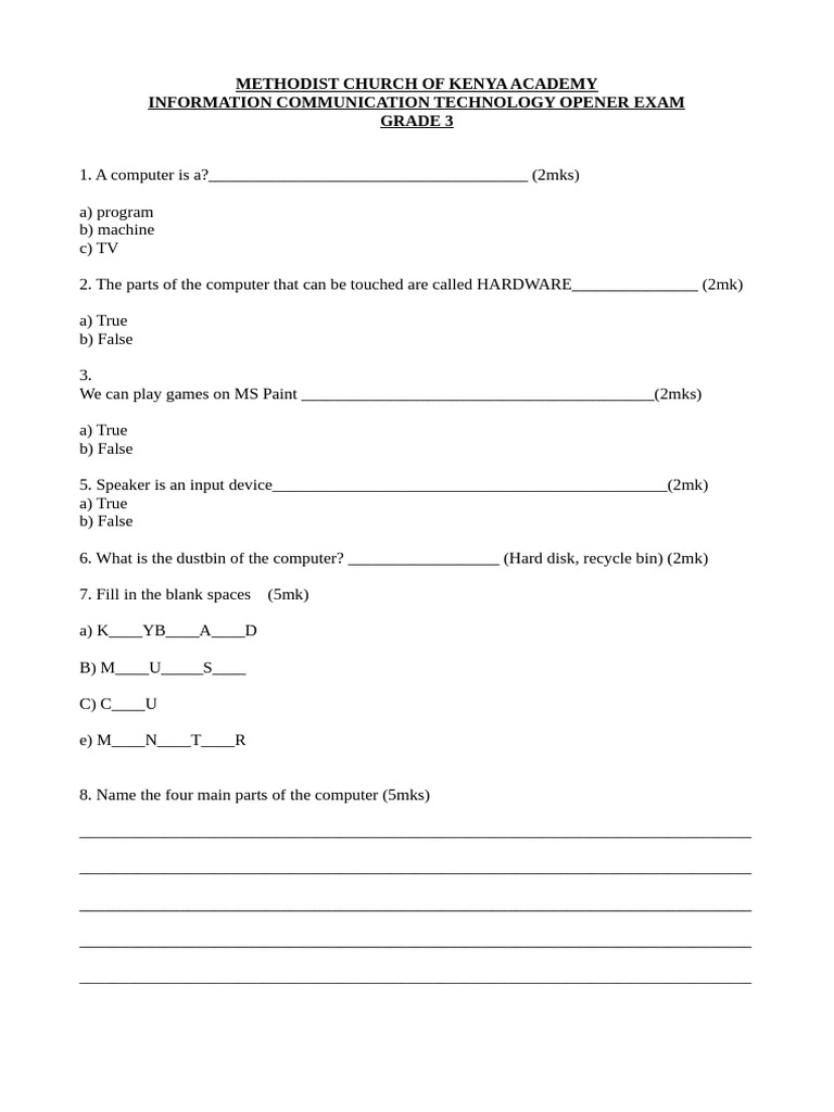 Computer Exam For Grade 3 MCK | PDF
