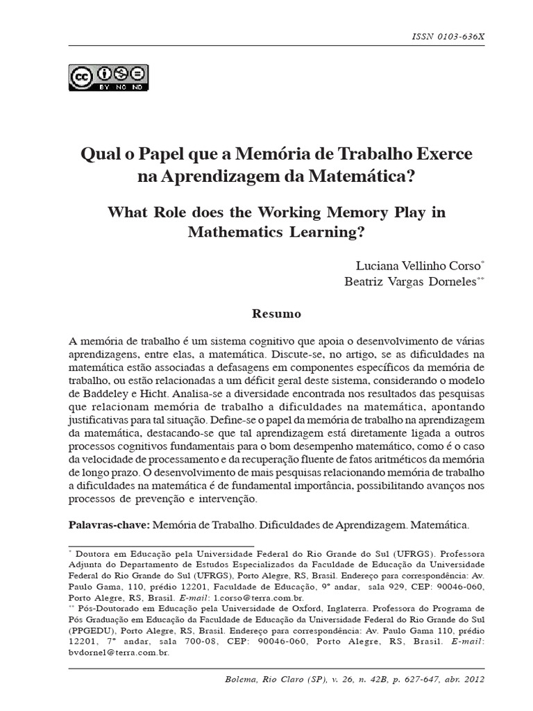Papel Da Memória De Trabalho Na Aprendizagem Da Matemática Pdf