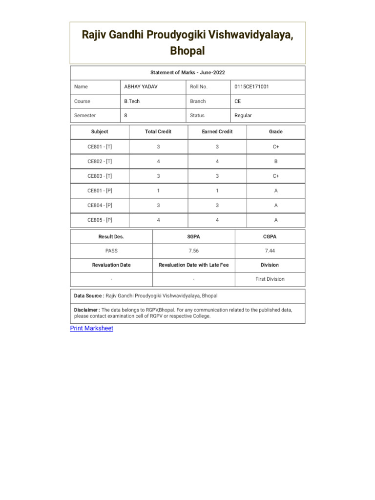 8th Semester Marksheet - Rajiv Gandhi Proudyogiki Vishwavidyalaya, Bhopal | PDF
