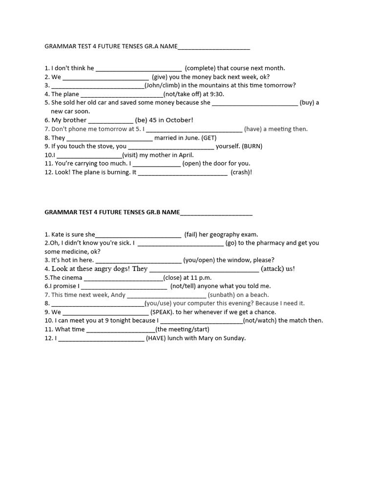 Grammar Test 4 Future Tenses GR | PDF