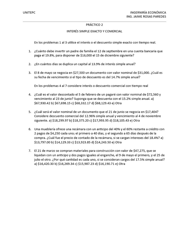 Práctico No. 2 Interes Simple Exacto y Comercial | PDF