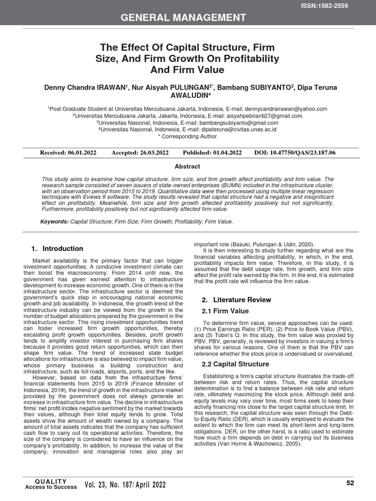 The Effect of Capital Structure Firm Size and Firm Growth On Profitability and Firm ValueQuality ...