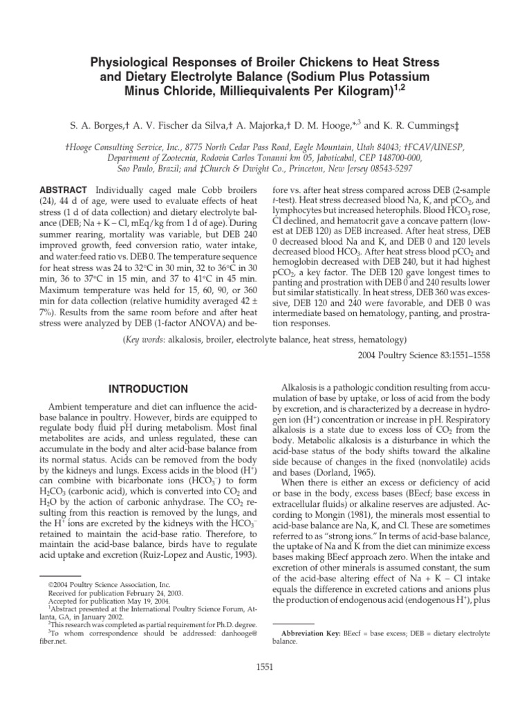 BORGES 2003 Supplementation Potassium Sodium Heat Stress Chickens | PDF ...