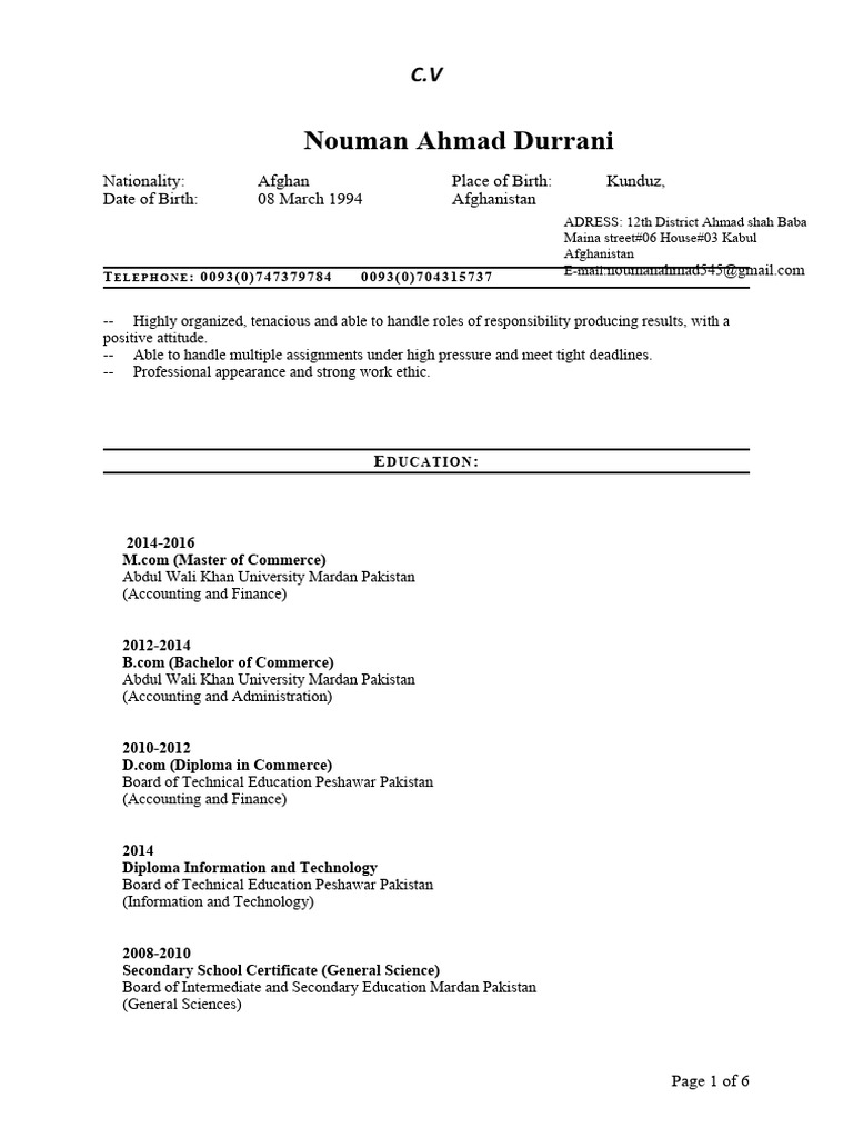 Noman Ahmad Durrani CV | PDF | Budget | Expense
