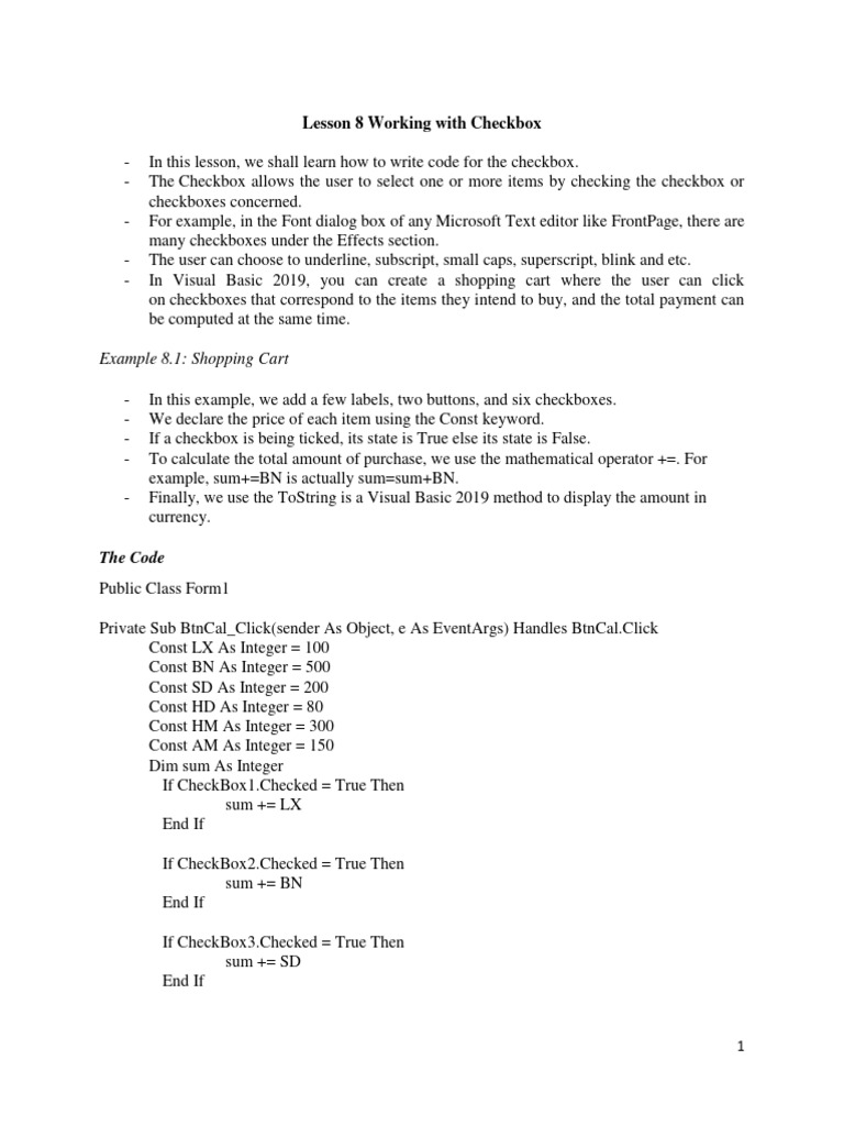 Lesson 8 Working With Checkbox | PDF