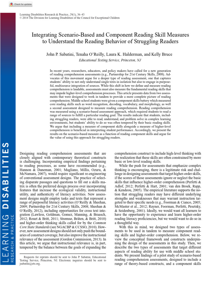 Sabatini Et Al 2014 Integrating Scenario Based and Component Reading Skill Measures To ...
