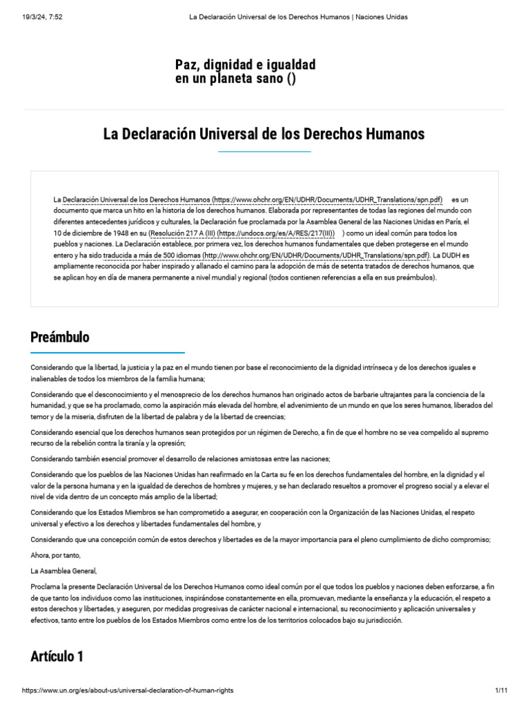 La Declaración Universal de Los Derechos Humanos - Naciones Unidas | PDF | Derechos humanos ...