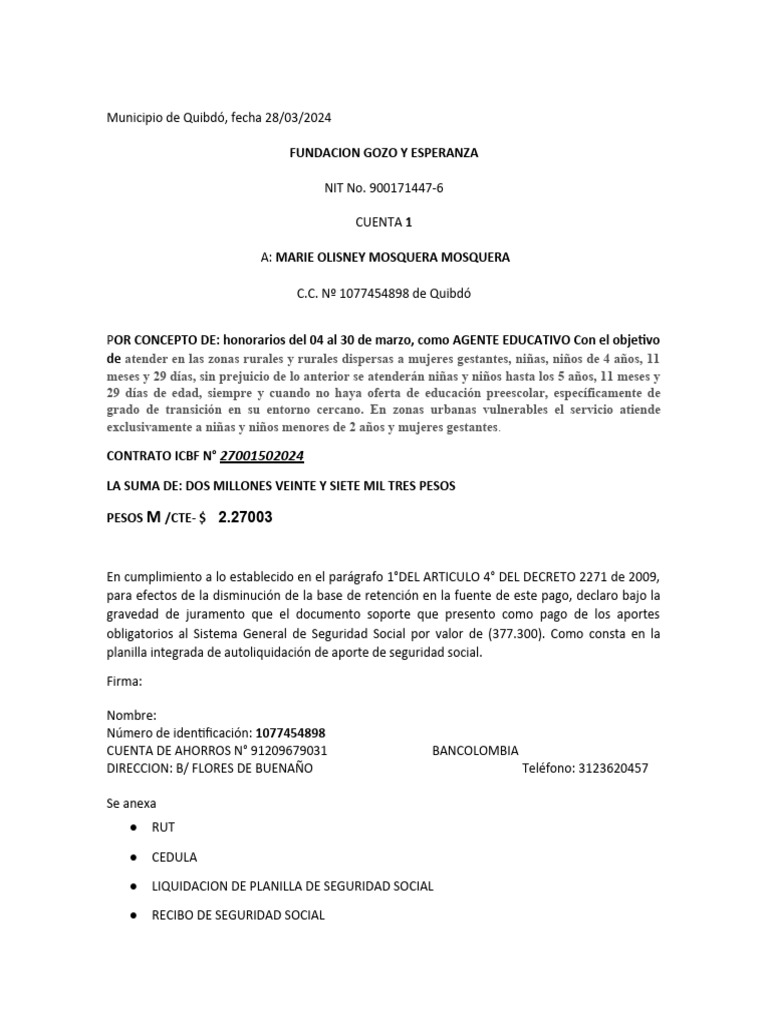 Modelo Cta de Cobro | PDF