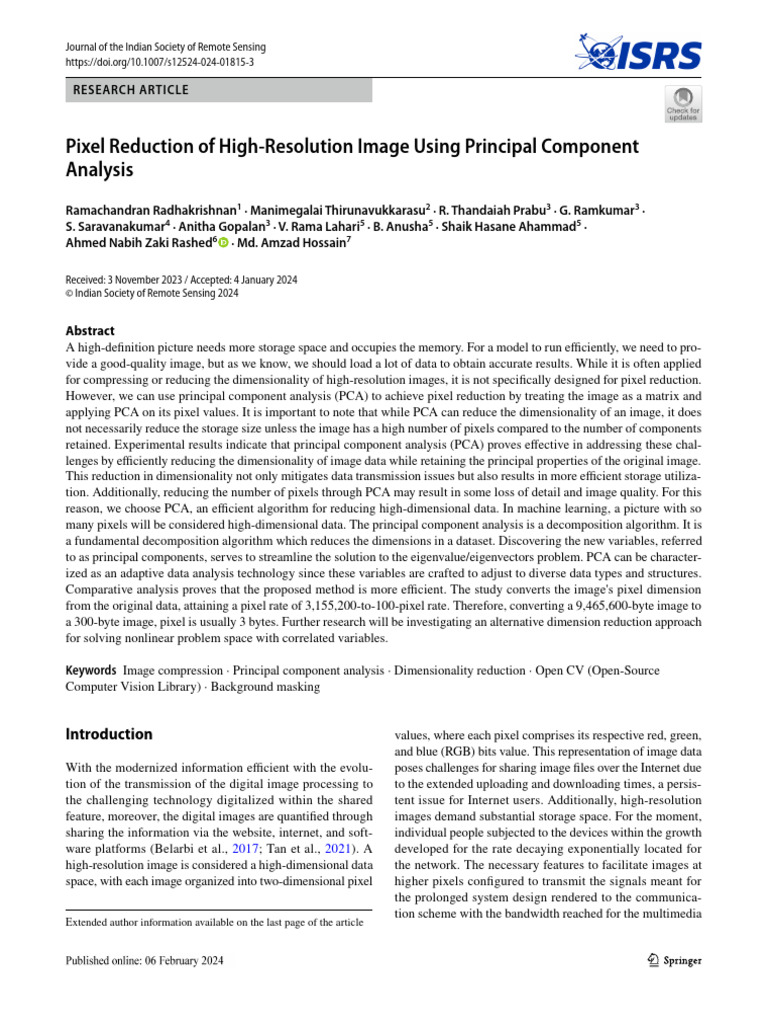 Pixel Reduction of High Resolution Image Using Principal Component Analysis | PDF | Principal ...
