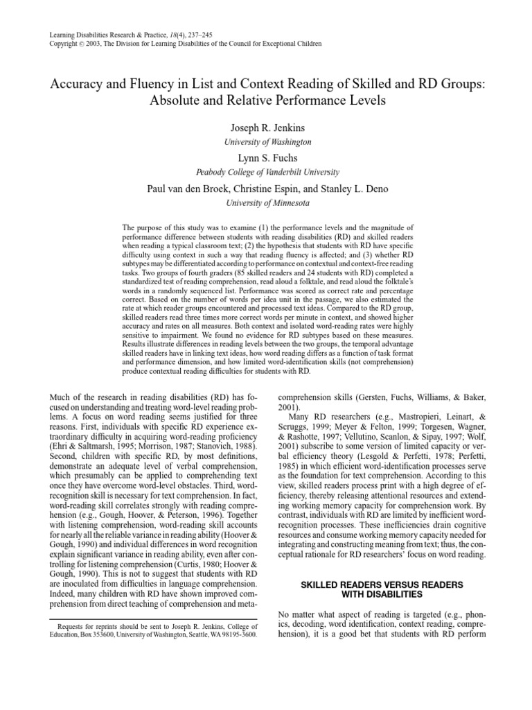Accuracy and Fluency in List and Context Reading of Skilled and RD ...