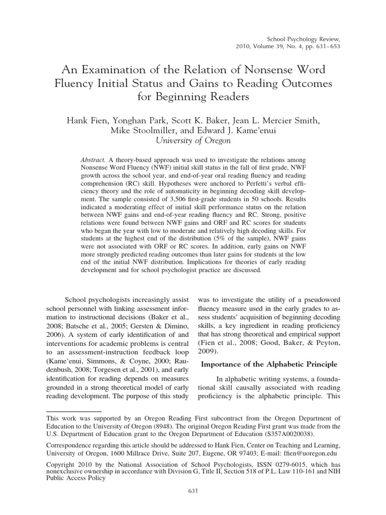 An Examination of The Relation of Nonsense Word | PDF | Phonics | Learning