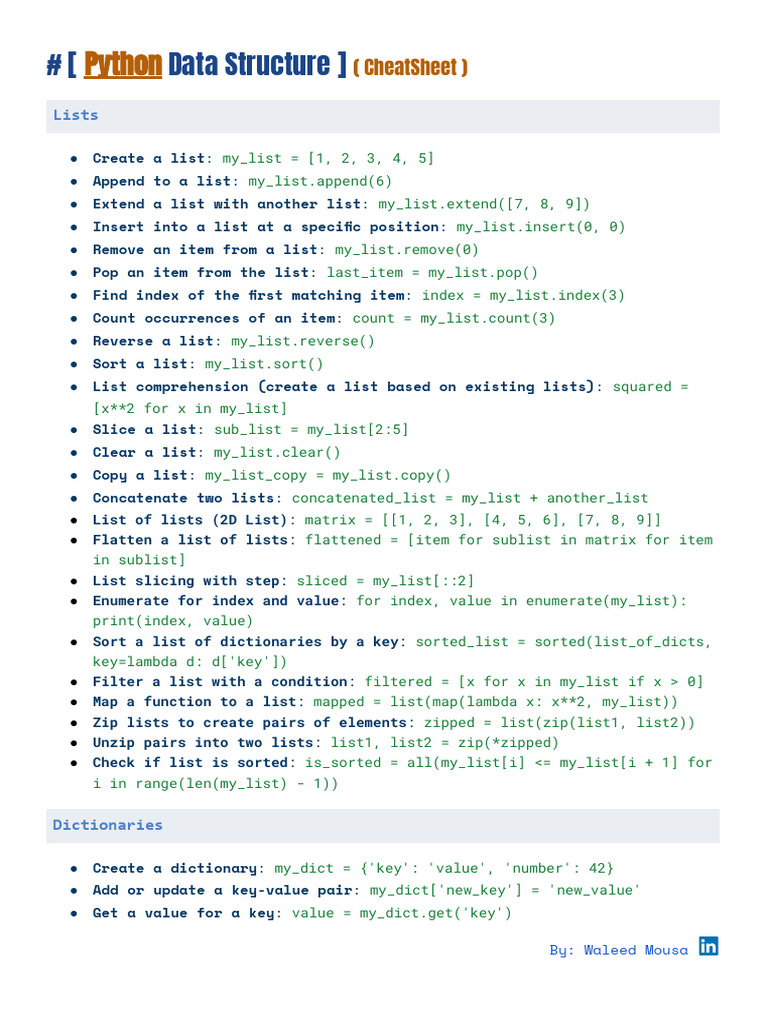 Pyhton Data Structure CheatSheet | PDF | Teaching Methods & Materials