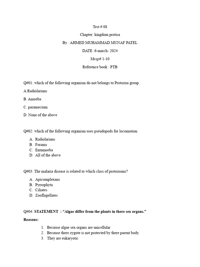 MCQs on Kingdom Protista | PDF | Protozoa | Organisms