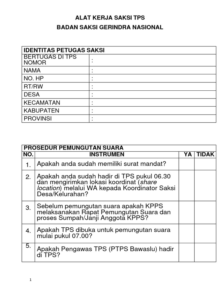 Alat Kerja Saksi TPS Nasional New | PDF