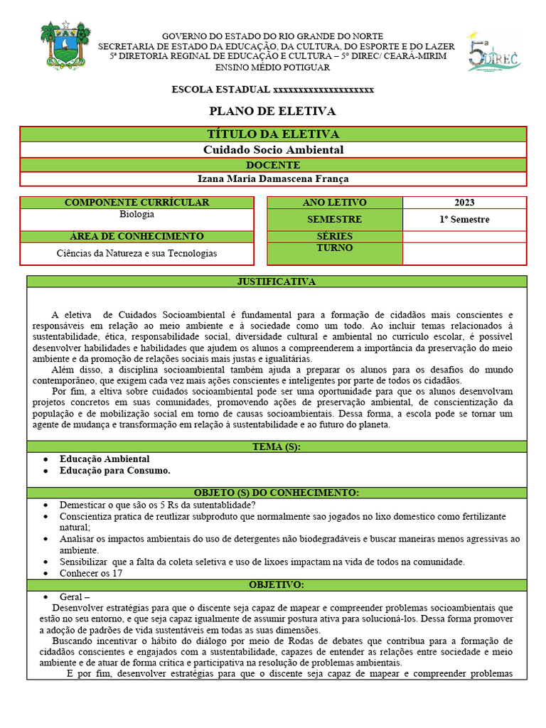 Plano de ELETIVA - 5º DIREC | PDF | Sustentabilidade | Vida
