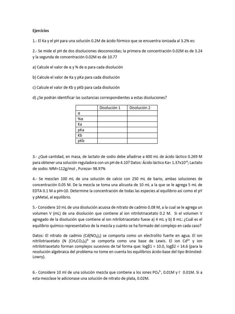 Ejercicios II (Para VueltaA)-2 | PDF | Constante de disociación ácida | Concentración