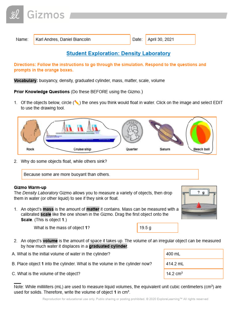 Group 8 of Gr. 9 Student Exploration - Density Laboratory | PDF Group 8 of Gr. 9 Student Exploration - Density Laboratory | PDF