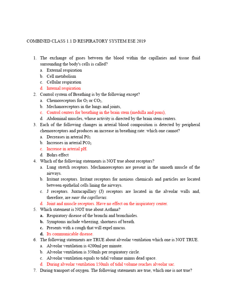 Respiratory System Exam Questions 2019 | PDF | Lung | Respiratory System